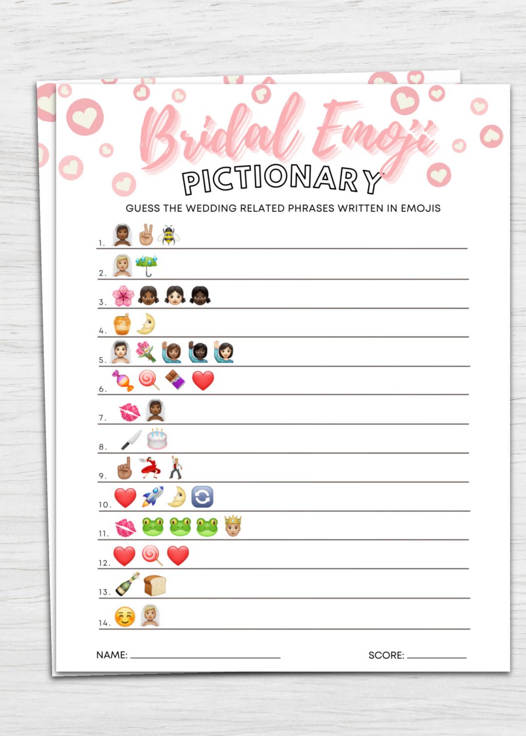 Bridal Emoji Pictionary Printable & Virtual Shower Game