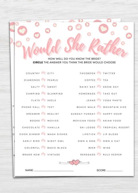 Would She Rather Printable Bridal Shower Game